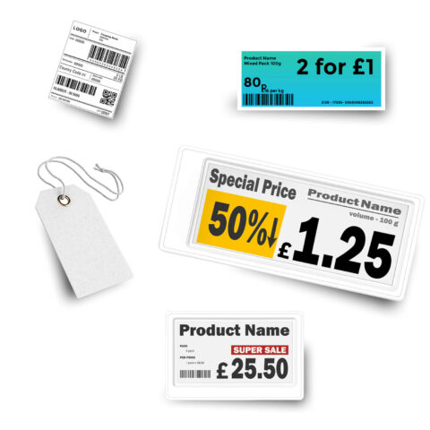 Stock labels, shelf labels and tag labels for retail merchandising